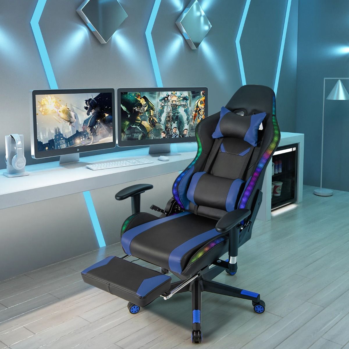 Fotel gamingowy z podświetleniem LED RGB niebieski - Tanio w Costway.pl